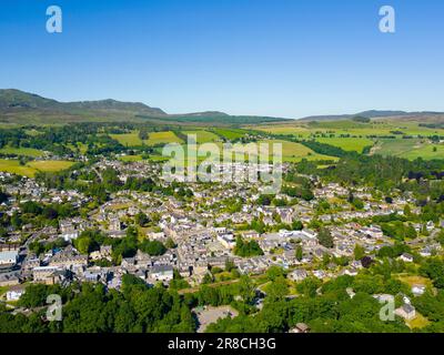 Aerial view from drone of Pitlochry town in Perth and Kinross, Scotland ...