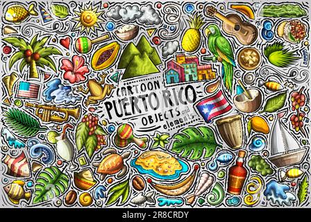 Cartoon vector doodle set of PUERTO RICO traditional symbols, items and objects Stock Vector ...