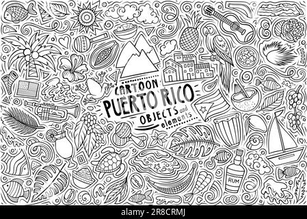 Cartoon vector doodle set of PUERTO RICO traditional symbols, items and ...