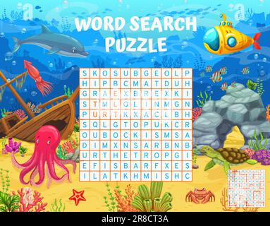 Crossword puzzle game of sea animals for kids. Underwater logical ...