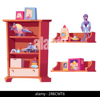 Shelf with toys. Cartoon shop shelves with colorful kid toys, various ...