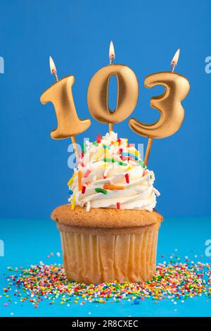 Blue number 103 candle - Birthday card on a white background Stock ...