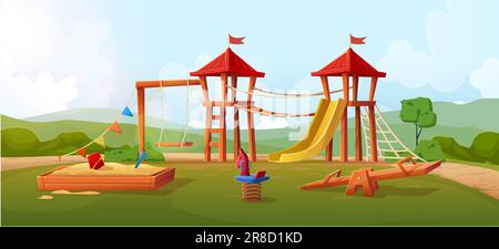 Cartoon style illustarion of kids outdoor playground with swings ...