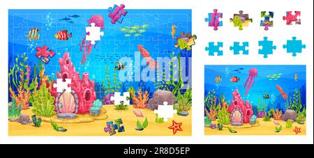Jigsaw puzzle underwater landscape pieces. Cartoon sea dolphin and fish ...