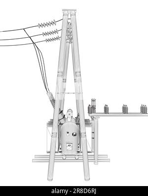 Wireframe Electric transformer substation. Power grid substation ...