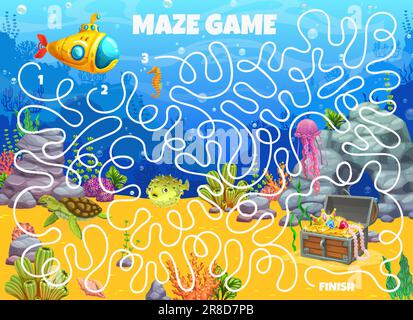 Labyrinth maze, help seahorse find house in sea landscape, vector ...