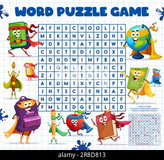 Word search puzzle game. Superhero cartoon animal characters vector ...