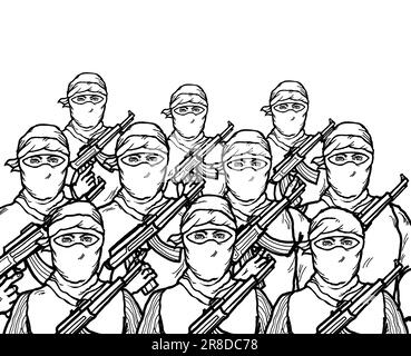 A group of criminal terrorism terrorist bandit army men with face mask ...