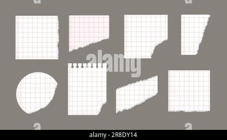 Set of white ripped notebook paper, torn note paper strips stuck with ...