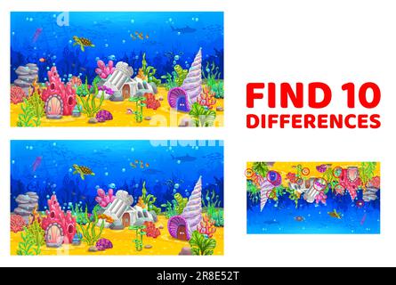 Find ten differences on underwater landscape with coral house. Kids ...