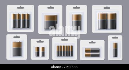 Realistic battery mockup. Different types of alkaline batteries and ...