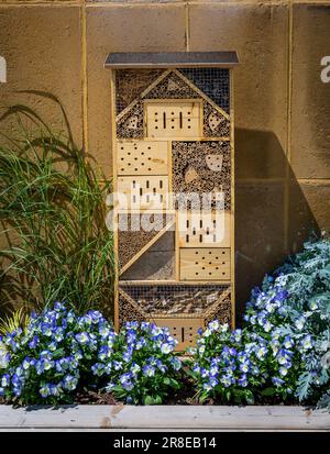 A bug hotel for insects made from old wooden pallets in a wild corner ...