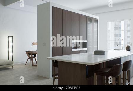 Kitchen minimalism. Wooden kitchen with large long island and bar ...