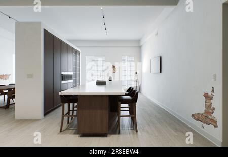 Kitchen minimalism. Wooden kitchen with large long island and bar ...