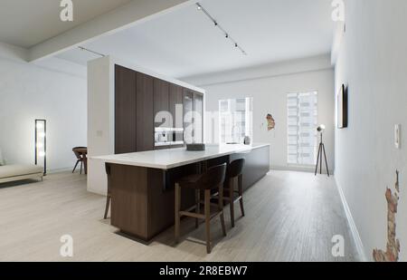 Kitchen minimalism. Wooden kitchen with large long island and bar ...