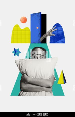 Creative weird collage poster of scared lady falling down surreal finger mouth hater critics ...