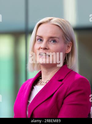 Riikka Purra campaigning in a panel discussion of party leaders before ...