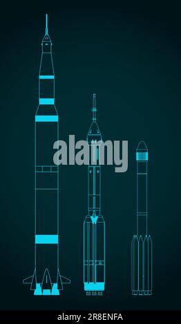 Stylized vector illustrations of blueprints of launch vehicles Stock ...