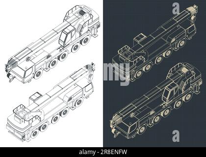 Stylized vector illustrations of blueprints of mobile crane with ...