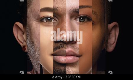 Human face made from different portrait of men and women of diverse age ...