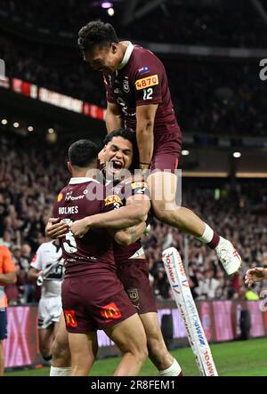 Jeremiah Nanai of Australia celebrates his try during the Rugby League ...