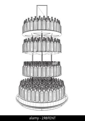 Outline Wine bottles stacked on wooden racks. Vector illustration ...