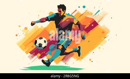 Dribbling soccer player with football ball, flat art style colorful ...