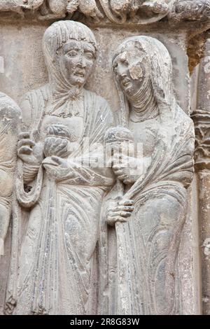 Figures on a Romanesque church, Estella, Basque Country. Lizarra ...