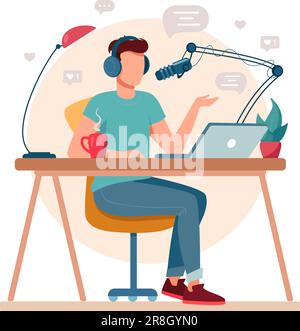 Broadcasting, podcast. People talking sitting at table. Live interview ...