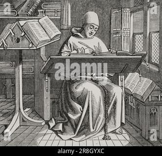 Medieval scribe writing at a desk surrounded by open manuscripts. Hand ...