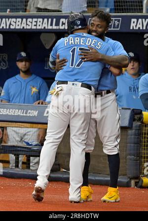 Tampa Bay Rays' Isaac Paredes celebrates in the dugout after his home ...