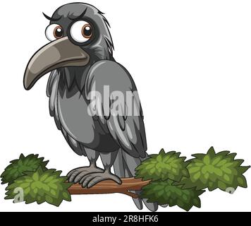 Crow perching on tree branch in cartoon style illustration Stock Vector ...