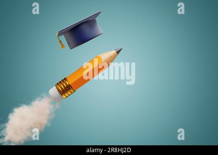 Back to school. Flying academic graduation cap, pencil and book with ...