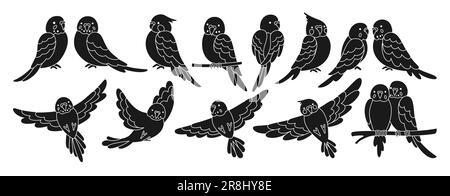 Parrot tropical doodle linear set. Summer wild exotic sitting and ...