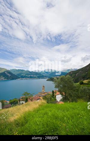 A view of Lake Como from Dorio, looking south, Bellagio, the mountains ...