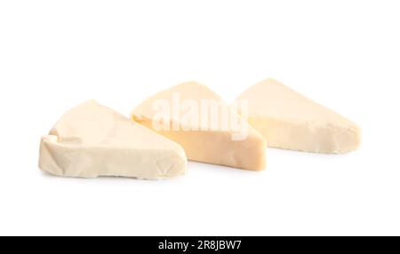Triangles of tasty processed cheese on white background Stock Photo - Alamy