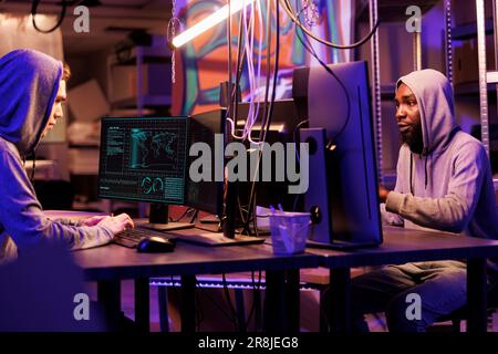 African american internet thief planning phishing attack and online ...