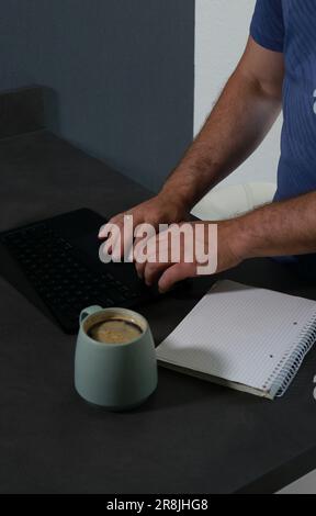 Top view, Hand typing computer keyboard on blue background Stock Photo ...