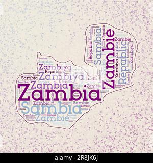 ZAMBIA map design. Country names in different languages and map shape ...