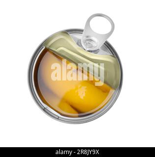 Open tin can of mangoes isolated on white Stock Photo - Alamy