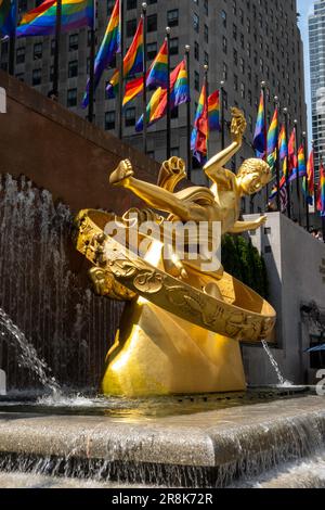 Prometheus with Rainbow color flags celebrate WorldPride at Rockefeller ...