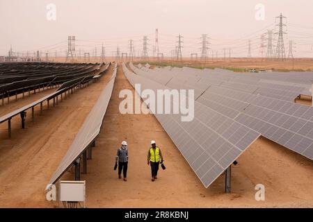Engineers walk next to solar panels at Benban Solar Park, one of the ...