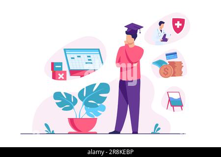 Male student choosing program in college. Young man in graduation cap ...