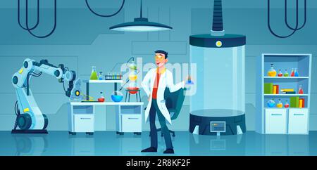 Laboratory robot and furniture cartoon vector set. Science research in ...