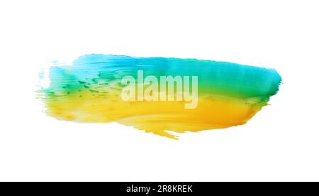 Light blue and yellow paint samples on white background, top view Stock ...