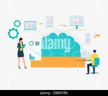 Business people working, brain, chart and digital devices Stock Vector ...