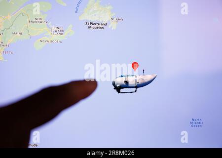Missing Titanic submarine OceanGate place of disappearance on map Stock ...