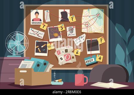 Investigation wall. Detective board elements for clues search ...