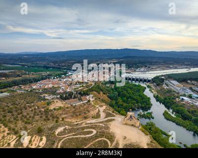 Aerial view of the village of Flix next to the Ebro river (Ribera d ...