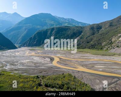 Aerial view of the remote Rio Sacambaya landscape with a huge riverbed ...